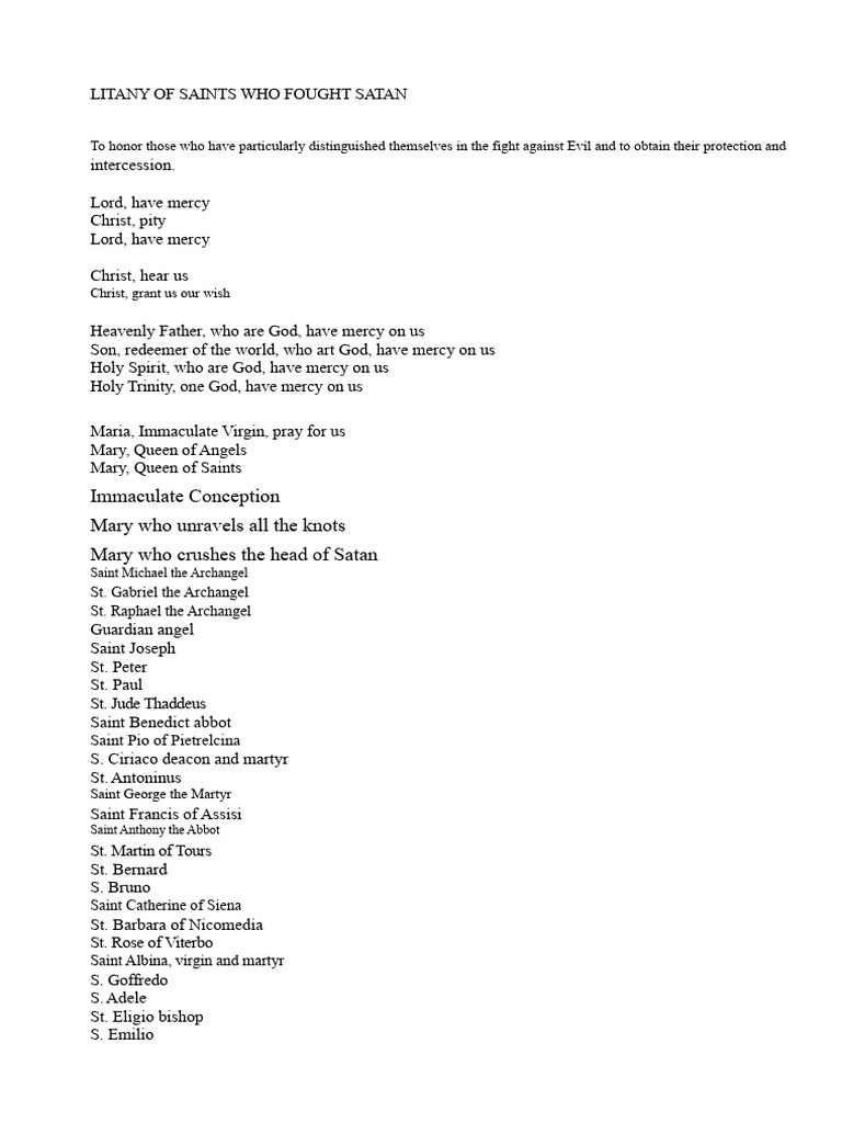 Litany of Saints Against Satan | PDF | Mercy | Mary, Mother Of Jesus