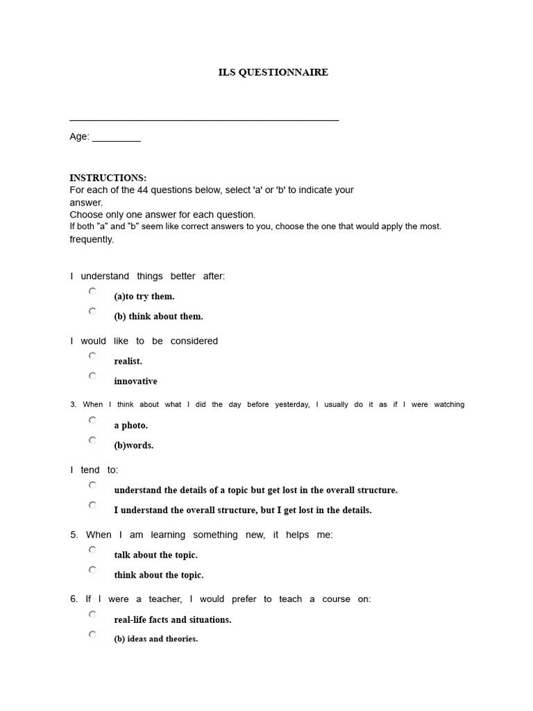 ILS Questionnaire Instructions | PDF | Concept | Learning Styles