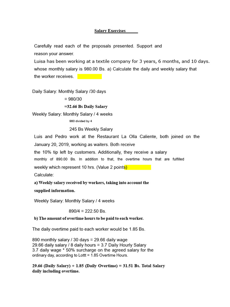 Salary Exercises (Practice) | PDF | Overtime | Salary