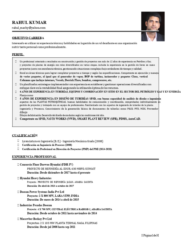 CV - Rahul Kumar - Kuwait | PDF | Gestión de proyectos | Tubería ...