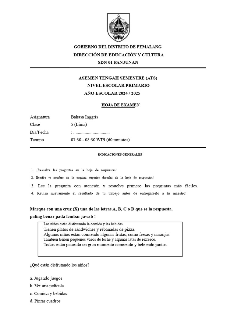 Pregunta de PTS de Inglés para Quinto Grado | PDF