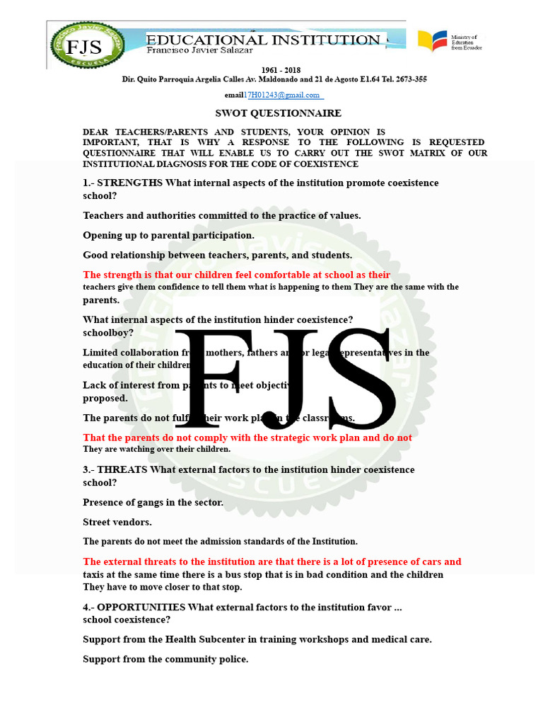 Questionnaire For The Swot Matrix of The Code of Conduct V | PDF