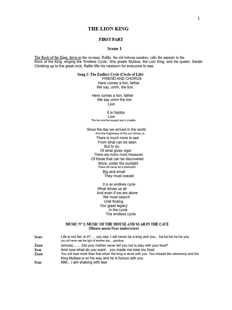 The Lion King: Scene Breakdown and Songs | PDF