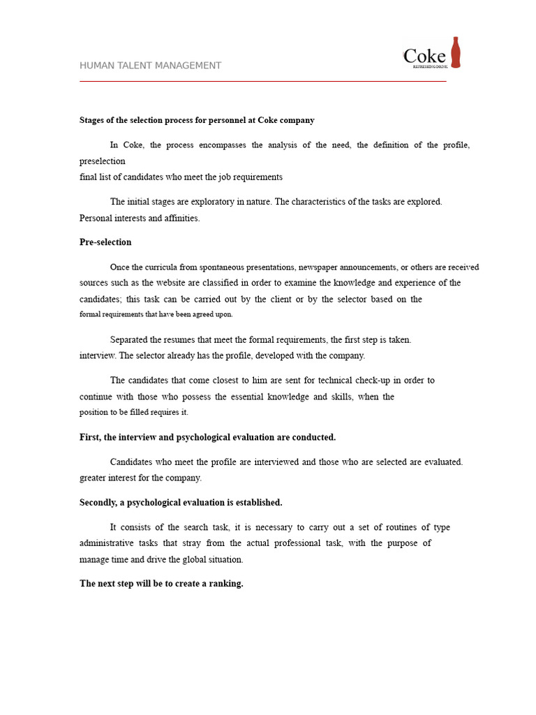 Stages of The Employee Selection Process at Coke Company | PDF ...