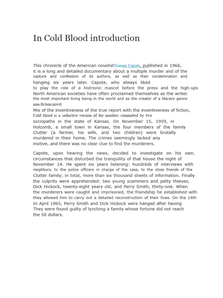 In Cold Blood Introduction | PDF