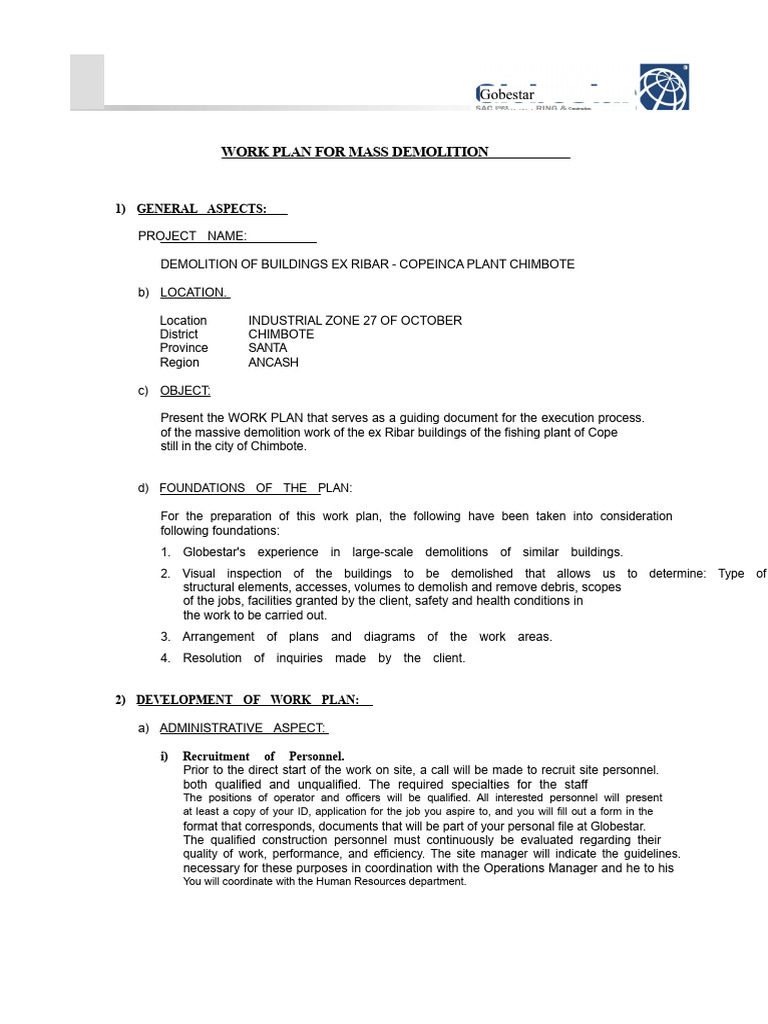 Work Plan For Mass Demolition | PDF | Demolition | Loader (Equipment)