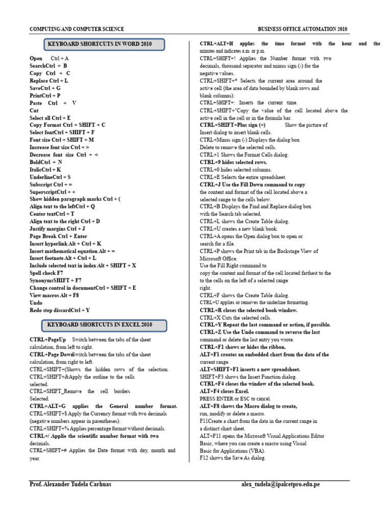 Essential Keyboard Shortcuts 2010 | PDF | Microsoft Word | Computing