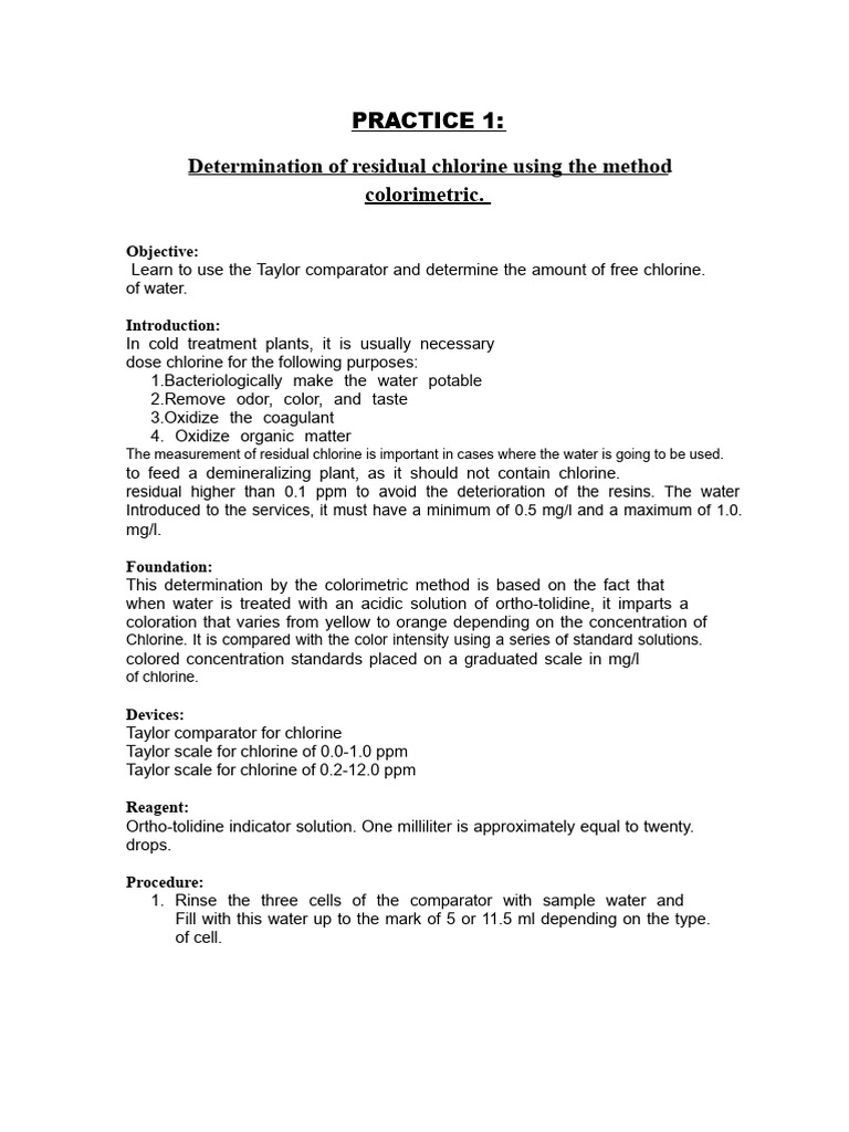 PRACTICE 1 Determination of Residual Chlorine Using The Colorimetric ...
