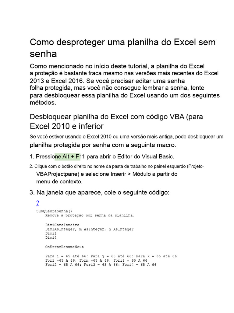 Como Desproteger Uma Planilha Do Excel Sem Senha | PDF | Microsoft ...