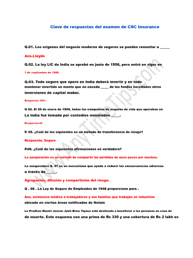 Clave de Respuestas Del Examen de CSC Insurance Por Anytimetips | PDF ...