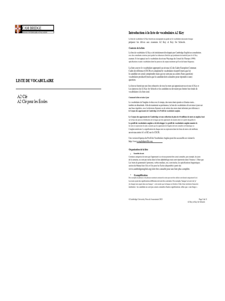Liste de Vocabulaire A2 Key | PDF | Langue anglaise | Lexique