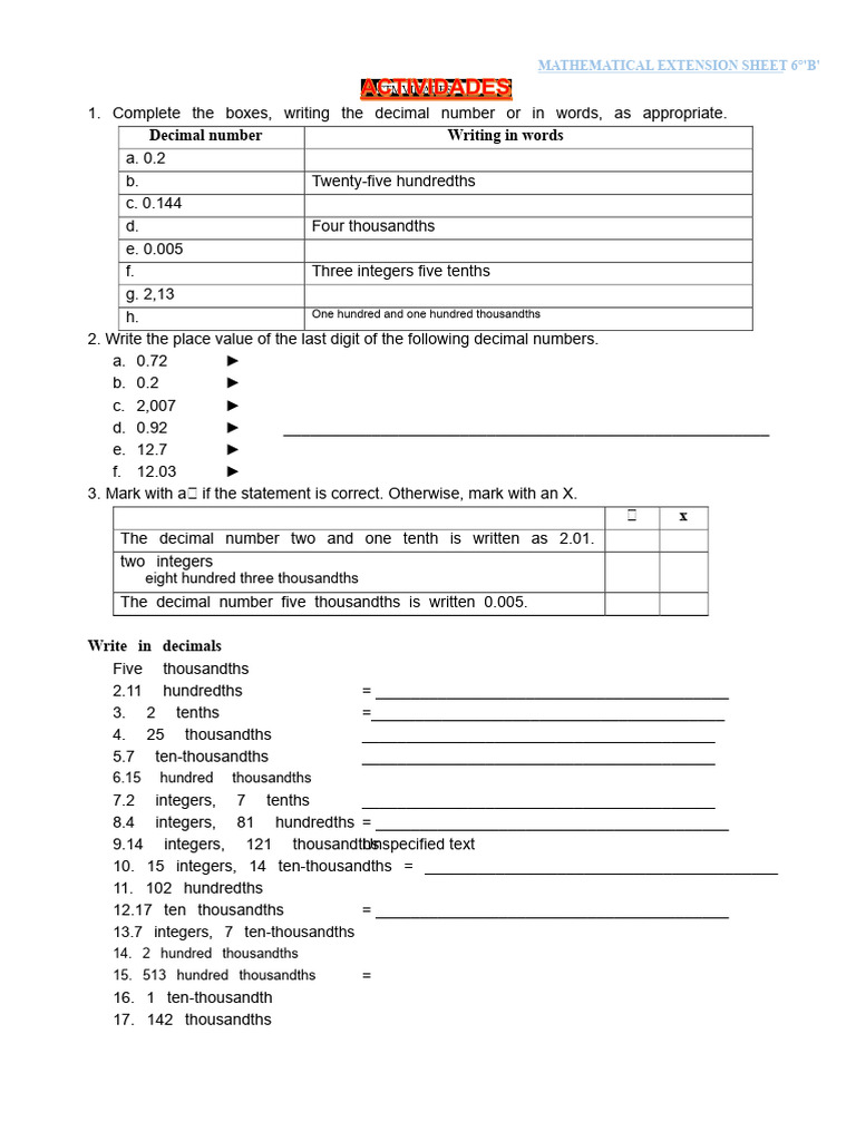 Decimal Number Exercises for Grade 6B | PDF | Numbers | Decimal