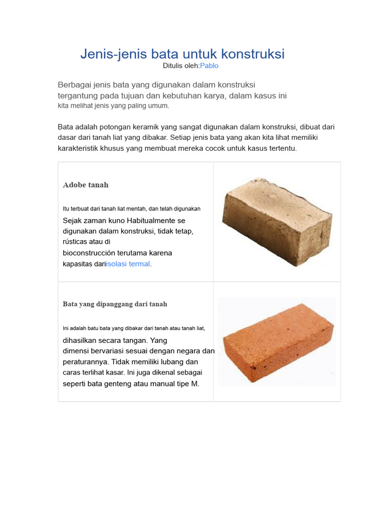 Jenis Bata Untuk Konstruksi | PDF