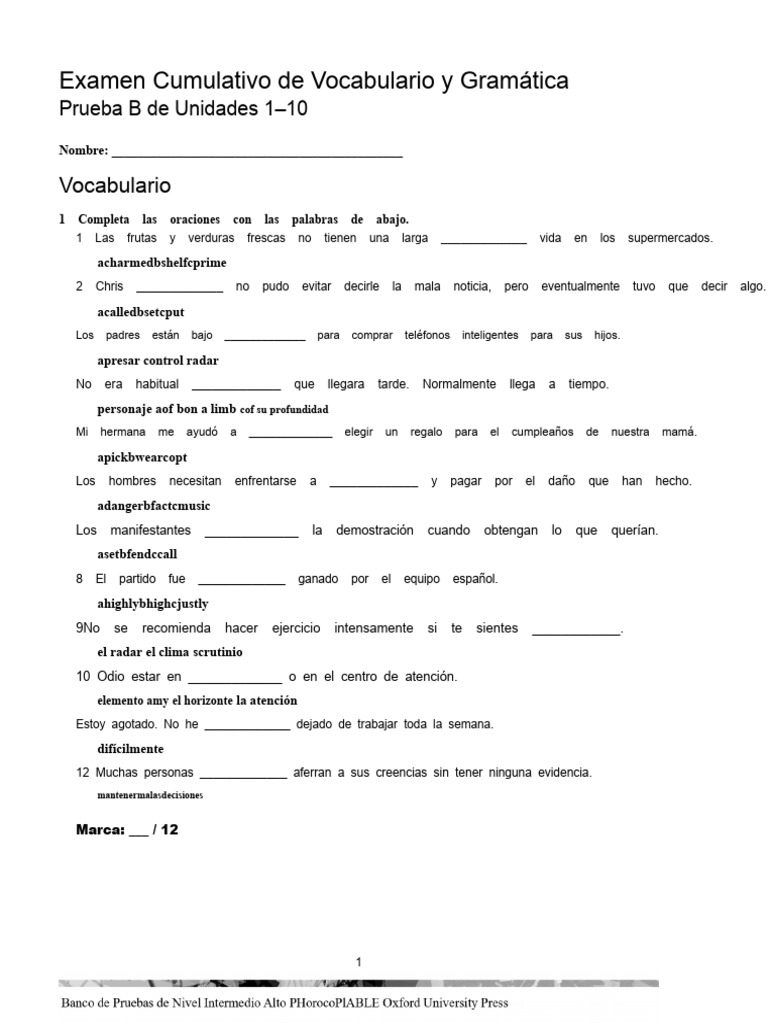Prueba de Vocabulario y Gramática Acumulativa Unidades 1-10 Prueba B ...