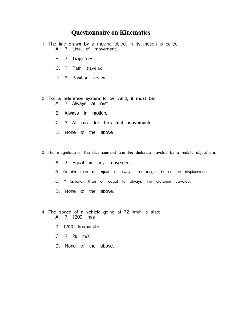 Kinematics Questionnaire and Concepts | PDF | Acceleration | Kinematics
