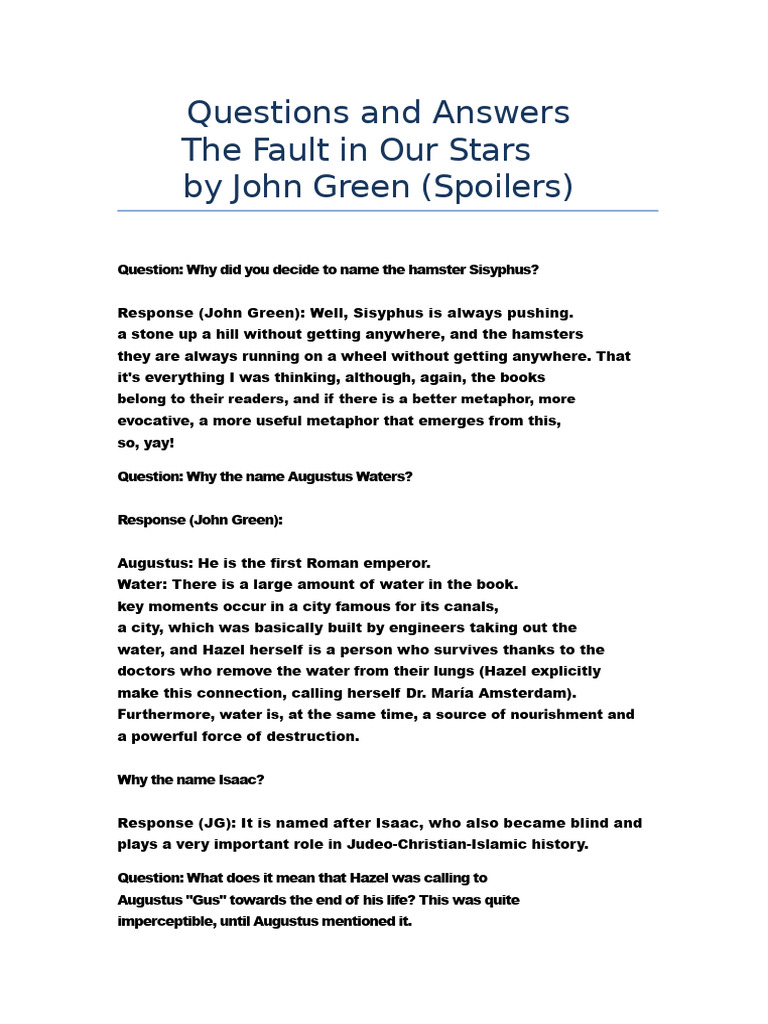 The Fault in Our Stars (Questions and Answers) | PDF