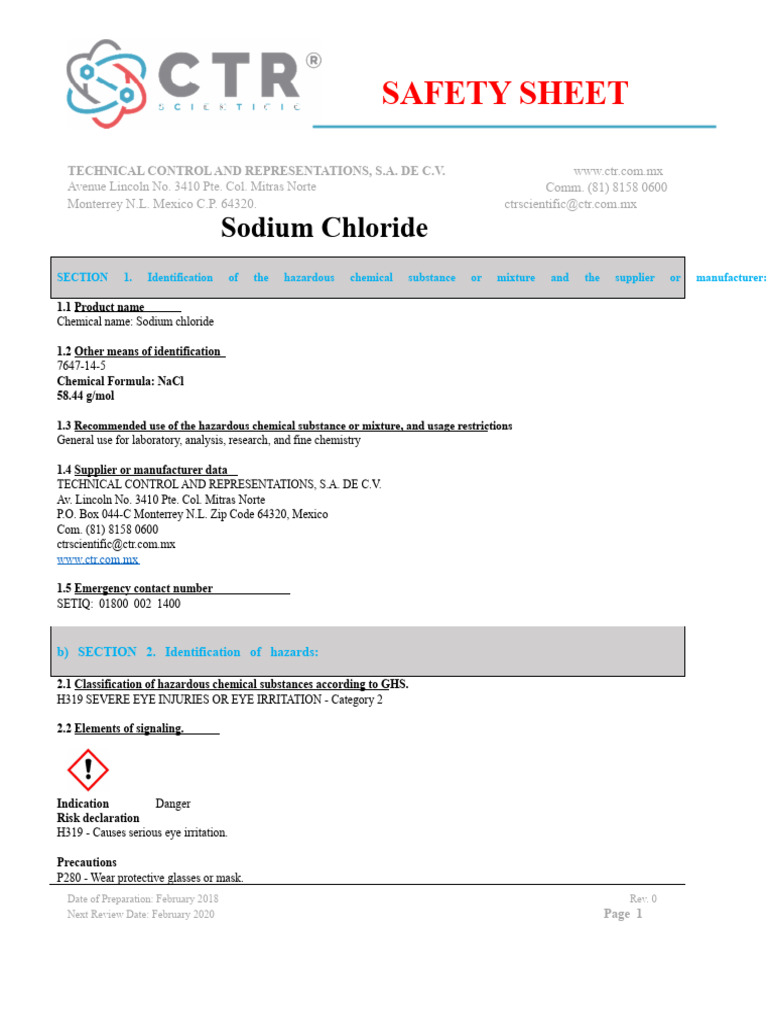 Sodium Chloride MSDS | PDF | Fires | Firefighting