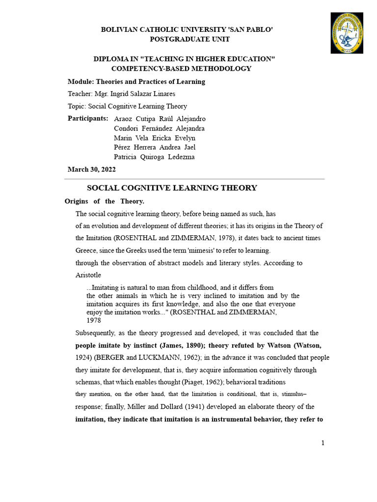 Theory of Social Cognitive Learning | PDF | Learning | Self Efficacy