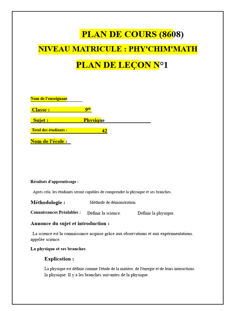 40 Plan de Cours 8608 Phy, Chimie, Math (Matric) | PDF | Atomes | Chimie
