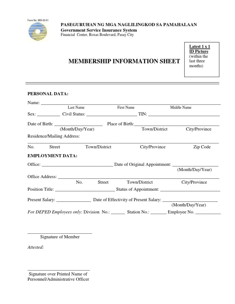 GSIS Membership Information Sheet | PDF