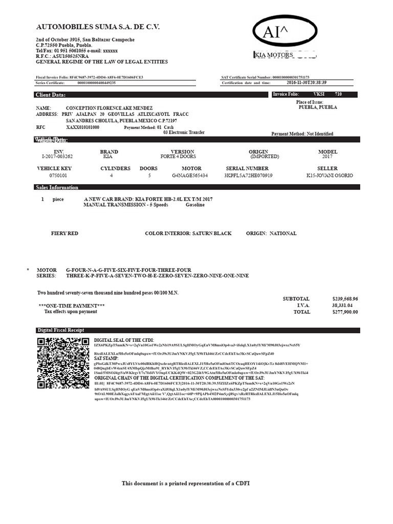 KIA Forte 2017 Invoice Details | PDF | Invoice | Automotive Industry