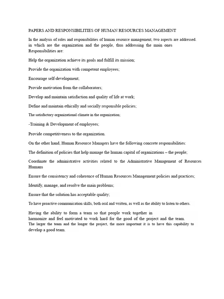 Roles and Responsibilities in Human Resource Management | PDF | Human ...