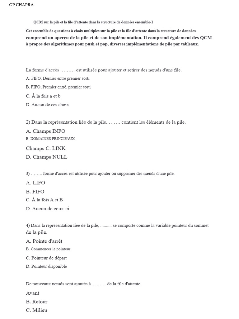 QCM sur Piles et Files d'Attente | PDF | File (structure de données ...