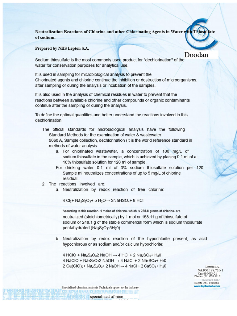 Sodium Thiosulfate for Chlorine Dechlorination | PDF | Chlorine ...