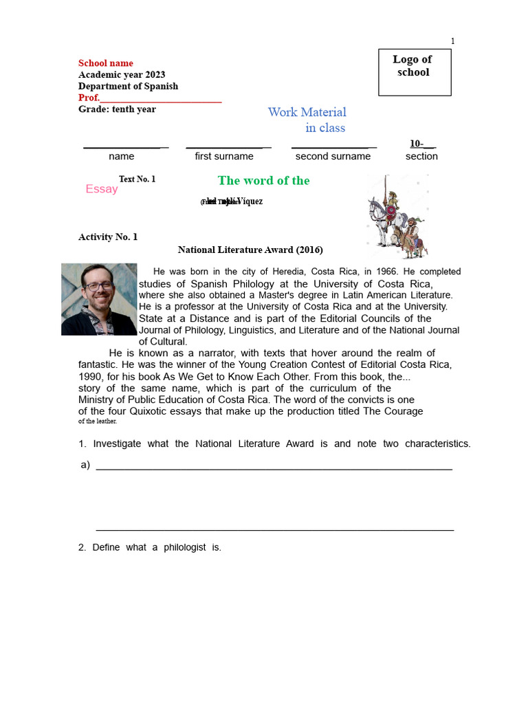 Spanish Literature Essay Activities | PDF | Don Quixote | Poetry