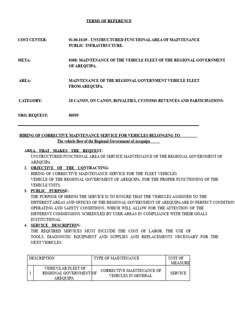 Final Terms of Reference For Vehicle Fleet | PDF | Steering | Brake