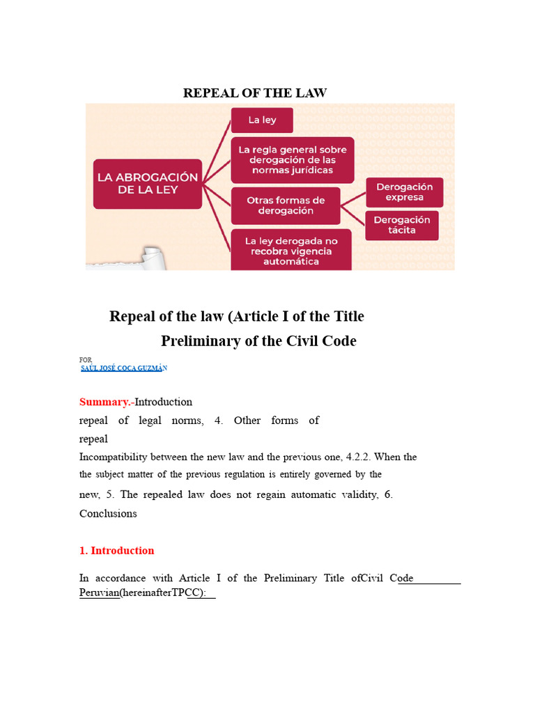 Repeal of The Law (Article I of The Title Preliminary of The Civil Code ...