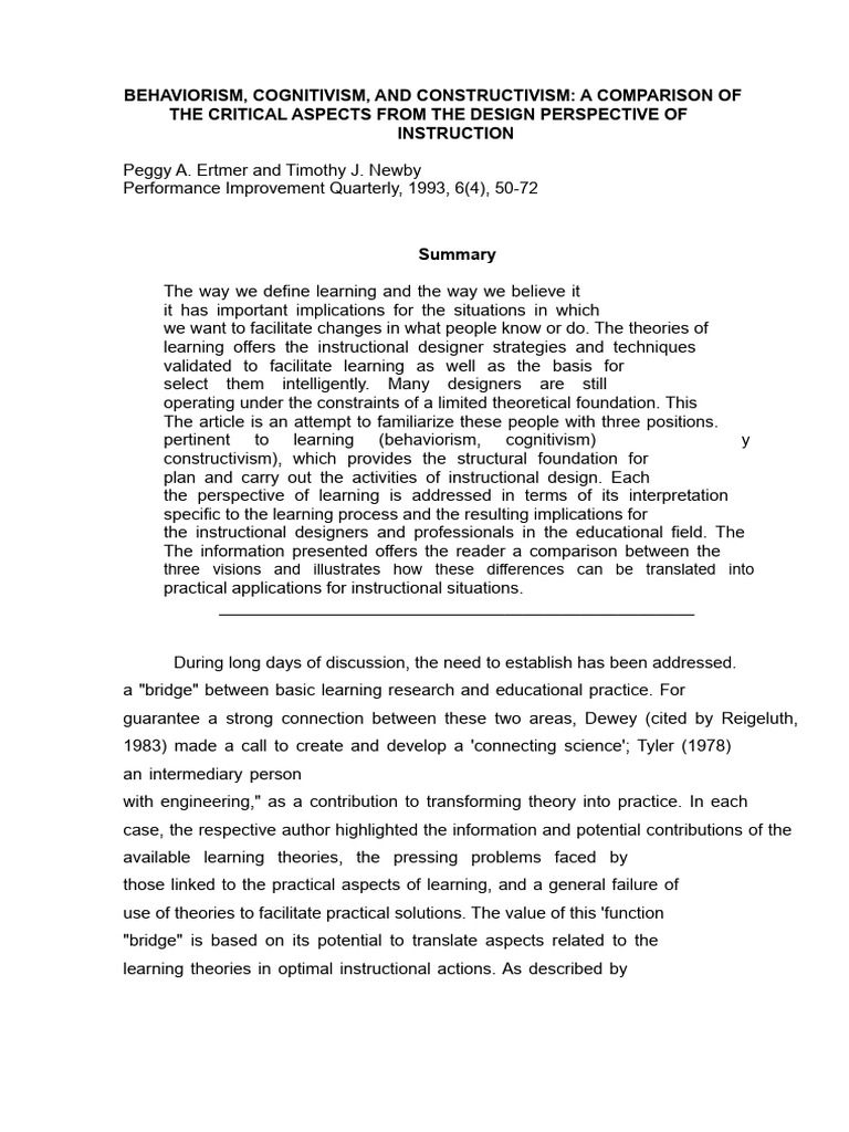 Behaviorism, Cognitivism, and Constructivism: A Comparison of The Critical Aspects From The ...