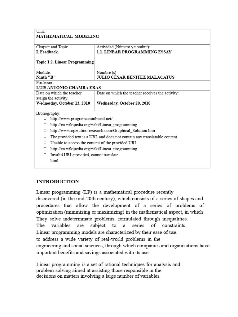 Linear Programming Essay | PDF | Linear Programming | Mathematical Optimization