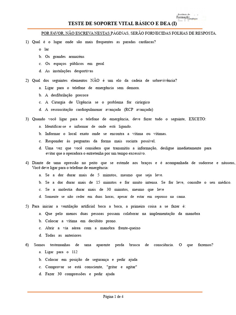Teste de Suporte Vital e DEA: Questões Essenciais | PDF | Reanimação ...