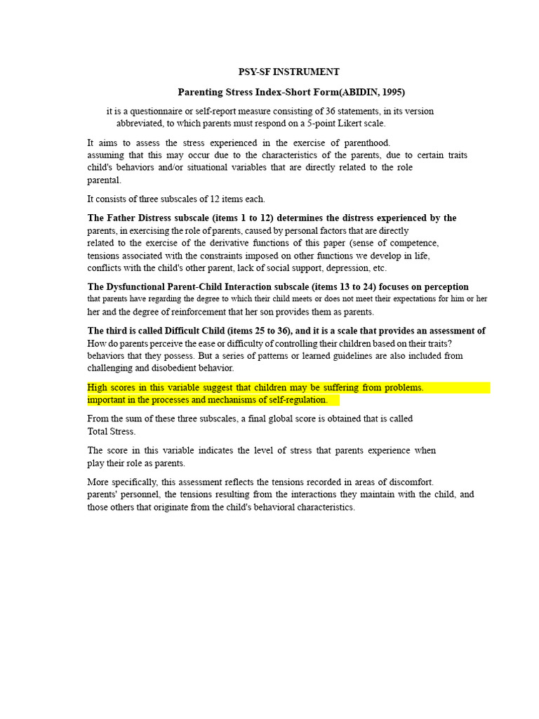 Parenting Stress Index Short Form Guide | PDF