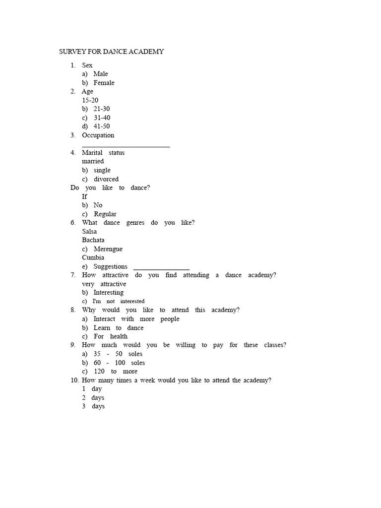 Survey For Dance Academy | PDF