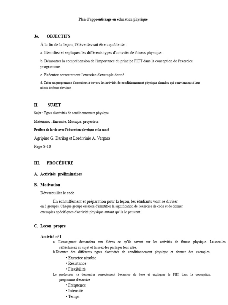 Plan d'apprentissage en éducation physique | PDF | Physique