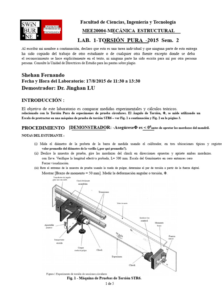 LAB. 1 - TORSIÓN PURA - 2015 Sem. 2 | PDF | Experimentar | Science