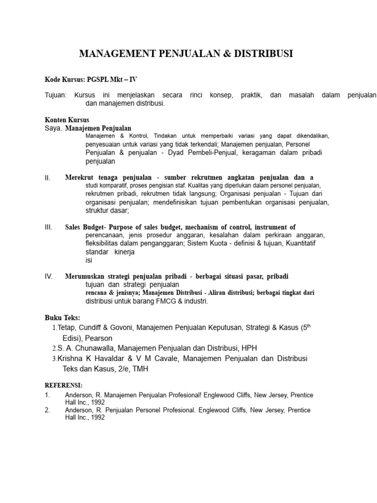 Silabus Manajemen Penjualan & Distribusi (Versi Diperbaiki) | PDF