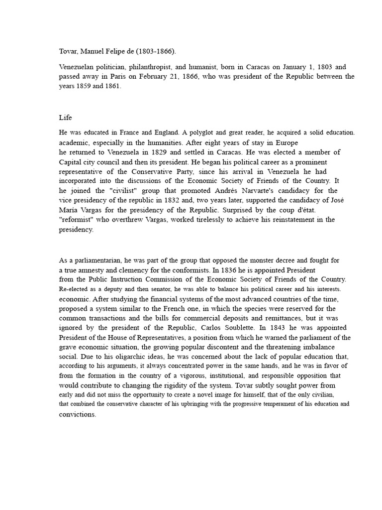 Manuel Felipe Tovar: Venezuelan Leader | PDF | Venezuela | Government