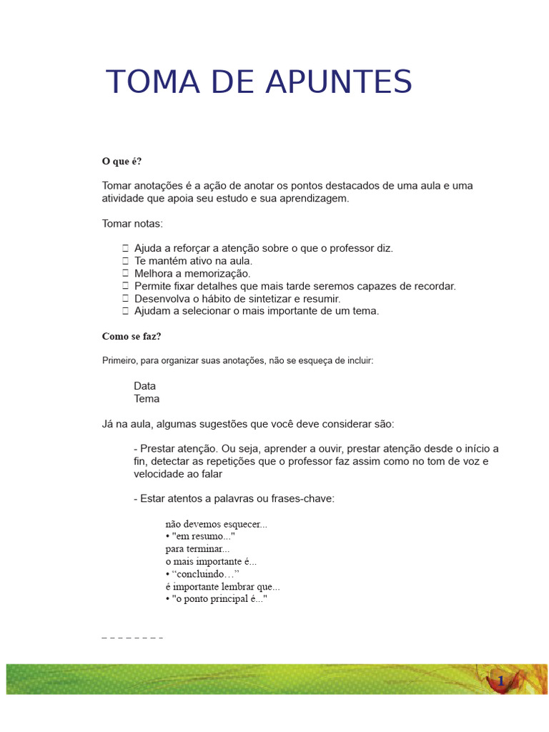 Tomada de Notas Atividades ESTUDANTES | PDF | Aprendizado