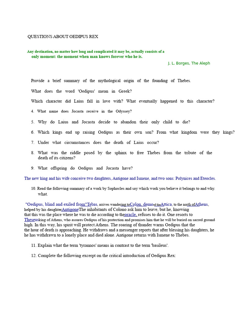 Questions About Oedipus Rex | PDF | Oedipus | Theban Mythology