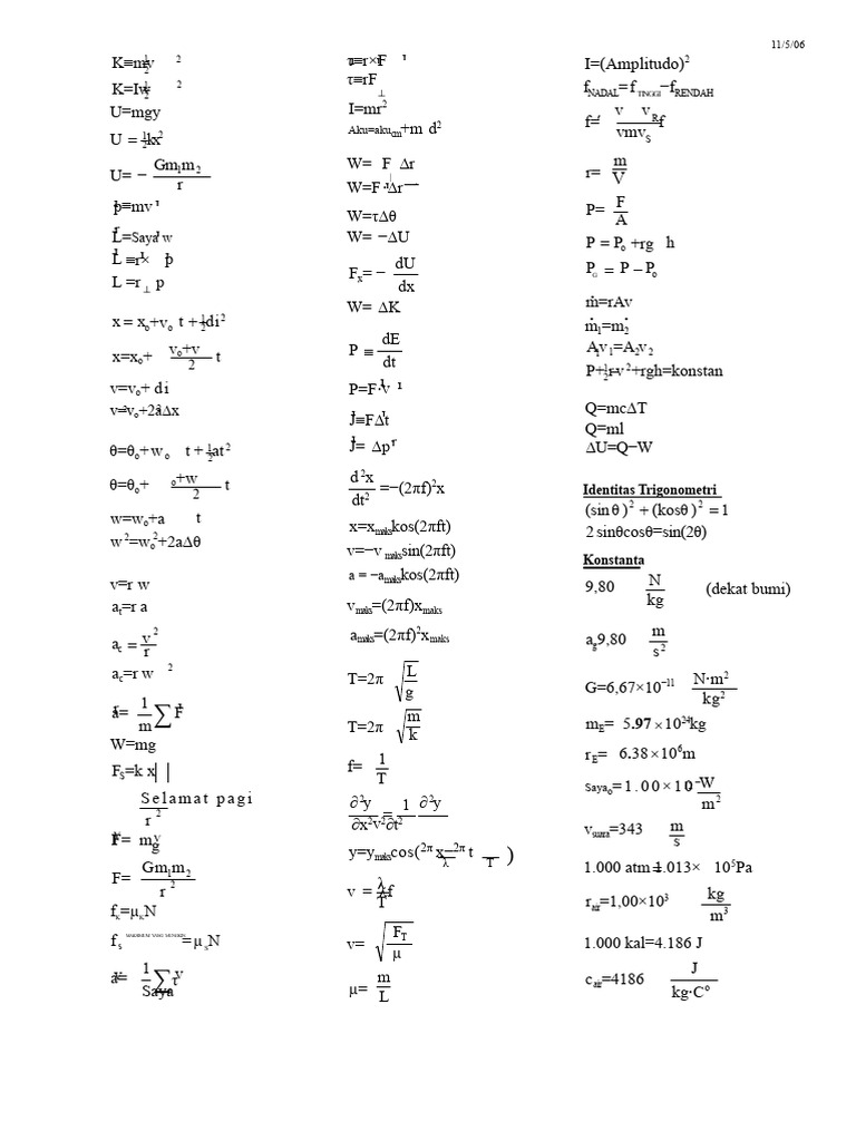 Rumus Untuk Fisika Berbasis Kalkulus 1 | PDF