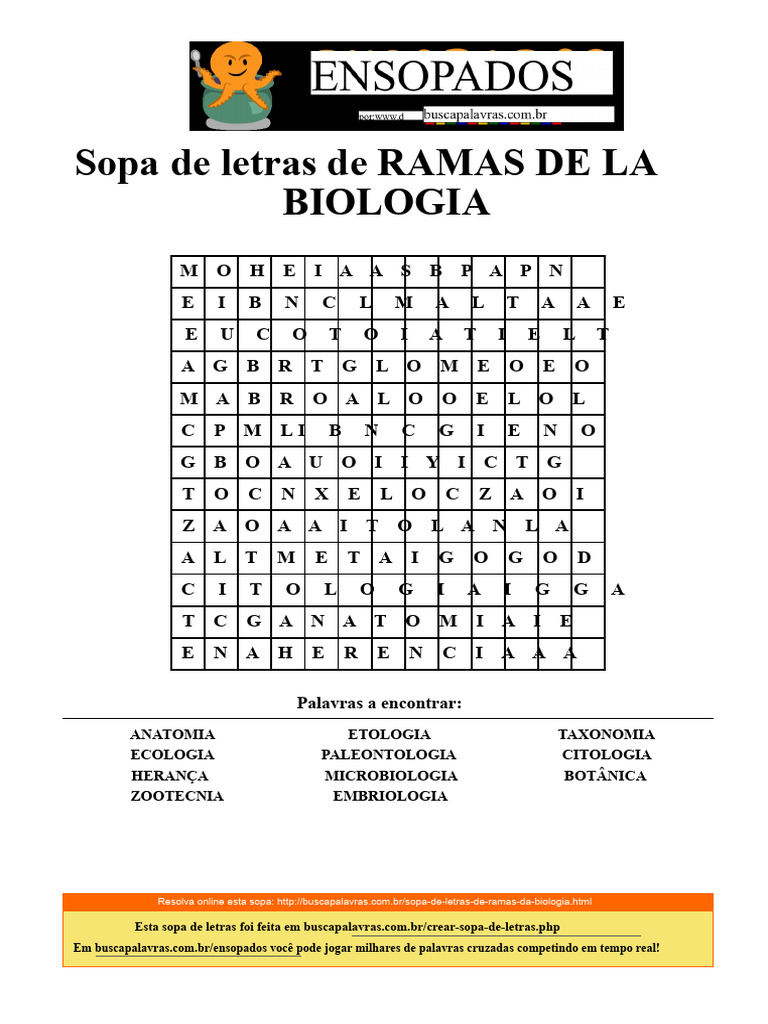 Sopa de Letras: Ramas da Biologia | PDF