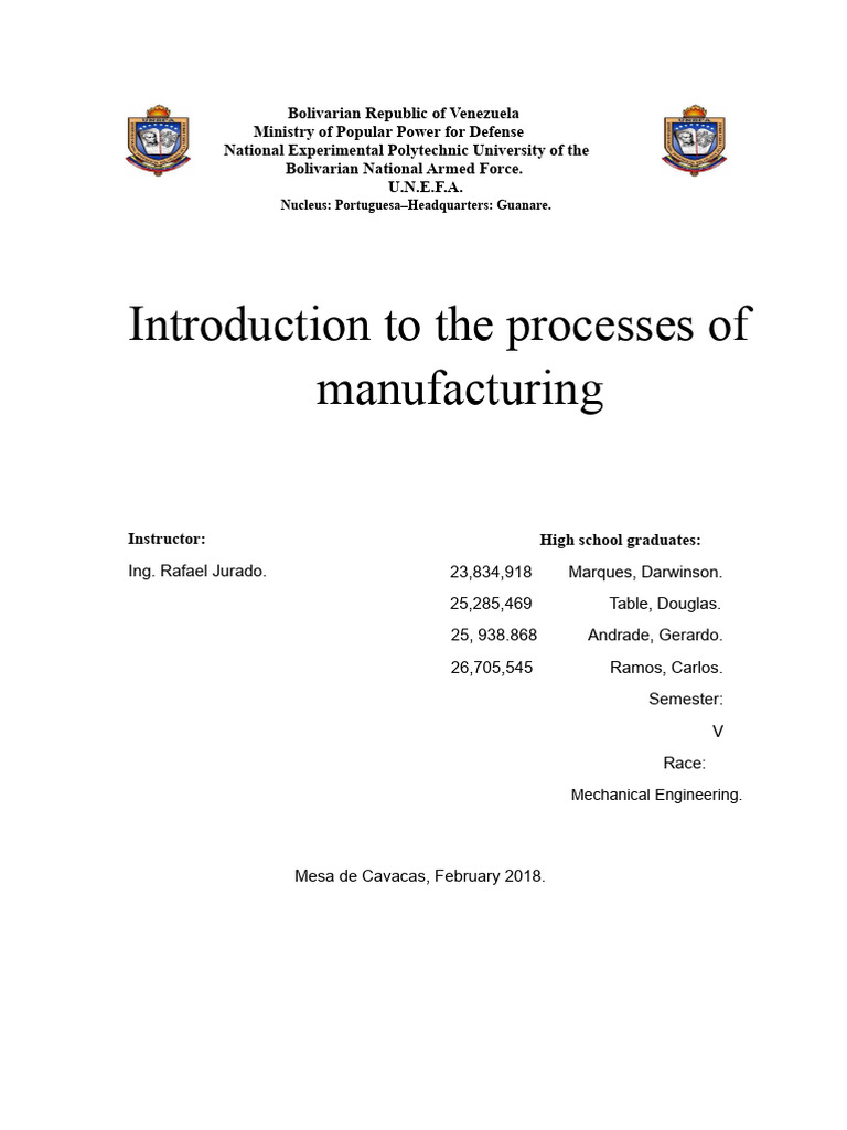 Introduction To Manufacturing Processes. Mechanical Engineering. U.N.E ...