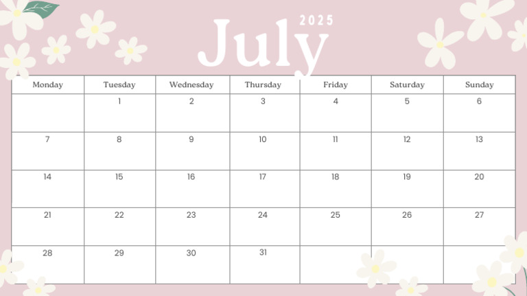 Pink Daisy Planner 2025 July Monthly Calendar | PDF