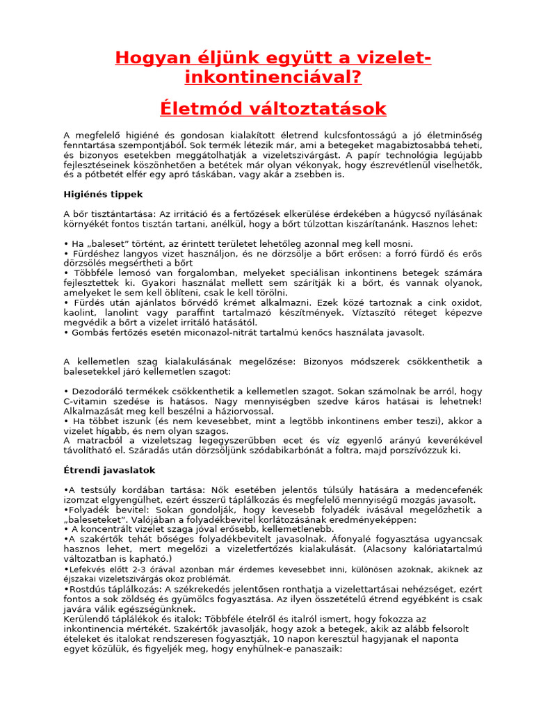 6 Hogyan Éljünk Együtt A Vizelet-Inkontinenciával, Életmód Word | PDF