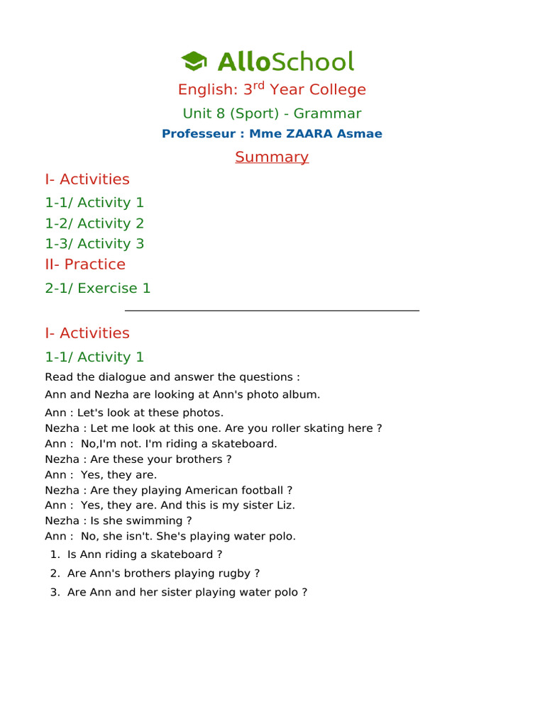 Unit 8 Sport Grammar 2 | PDF