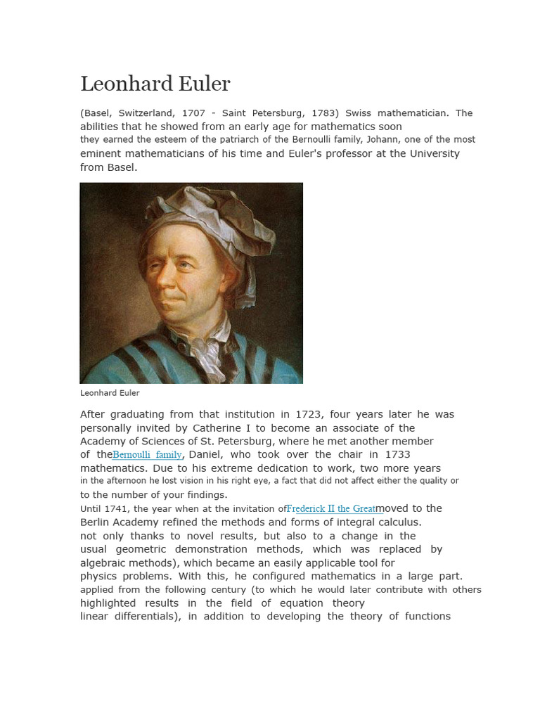 Leonhard Euler Biography | PDF | Leonhard Euler | Teaching Mathematics