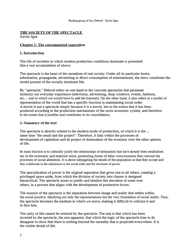 Debord's Society of the Spectacle Analysis | PDF | Value (Economics ...